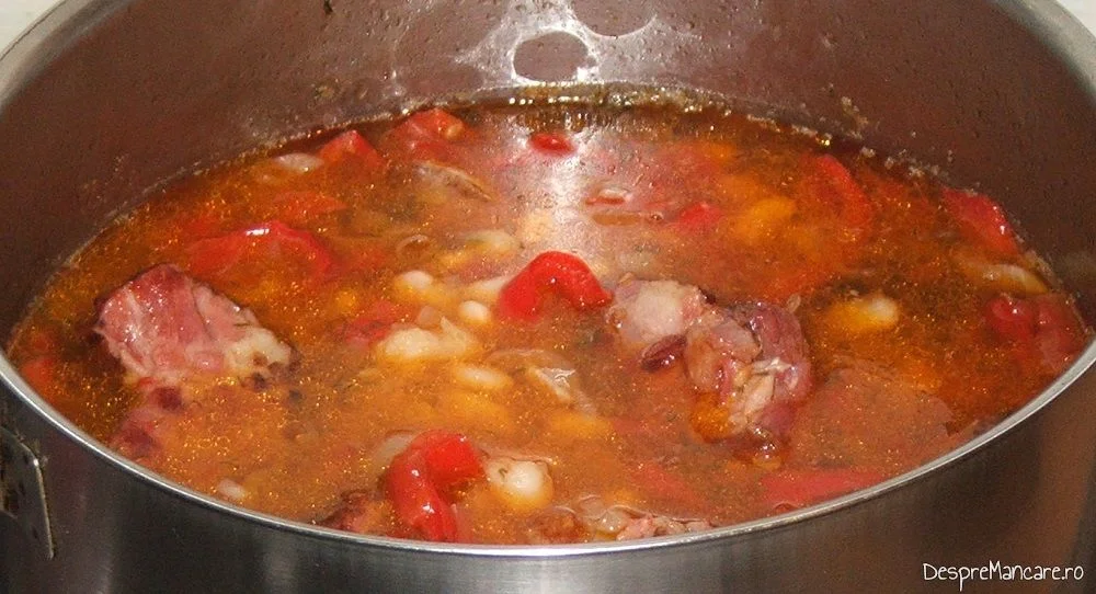 Iahnie din fasole boabe si afumatura de la garnita, preparat cu dichis